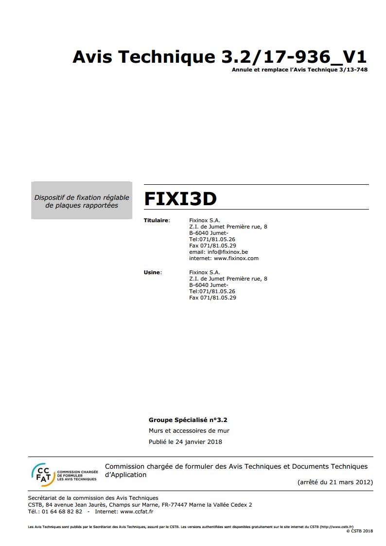Renouvellement de Avis Technique Fixi 3D - Fixinox